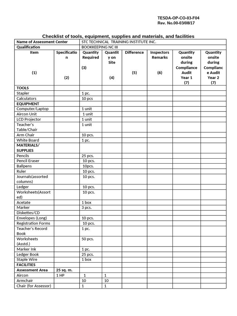 Bookkeeping NC III Equipment Checklist | PDF | Personal Computers