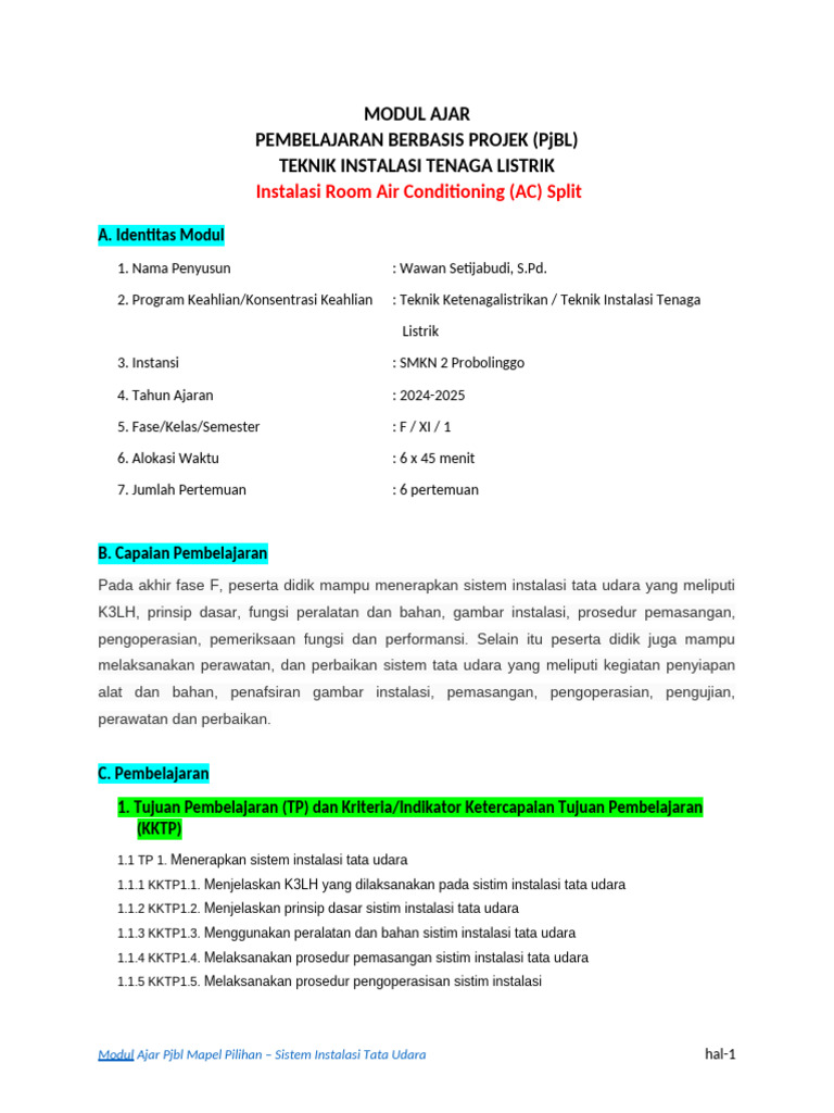 Modul Ajar Pjbl Mapel Pilihan – Sistem Instalasi Tata Udara | PDF
