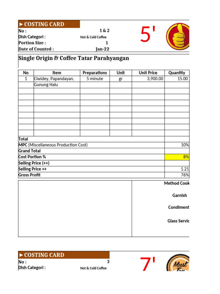 Coffee Costing Cards for January 2022 | PDF | Soft Drink | Foods