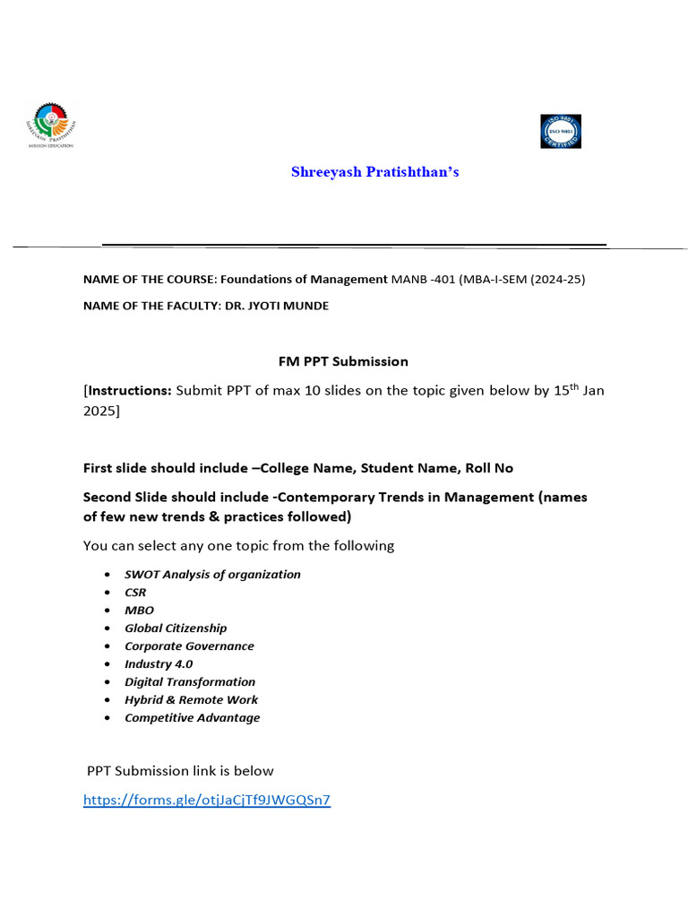 FM - PPT Submission-2024-25 MBA I Sem | PDF