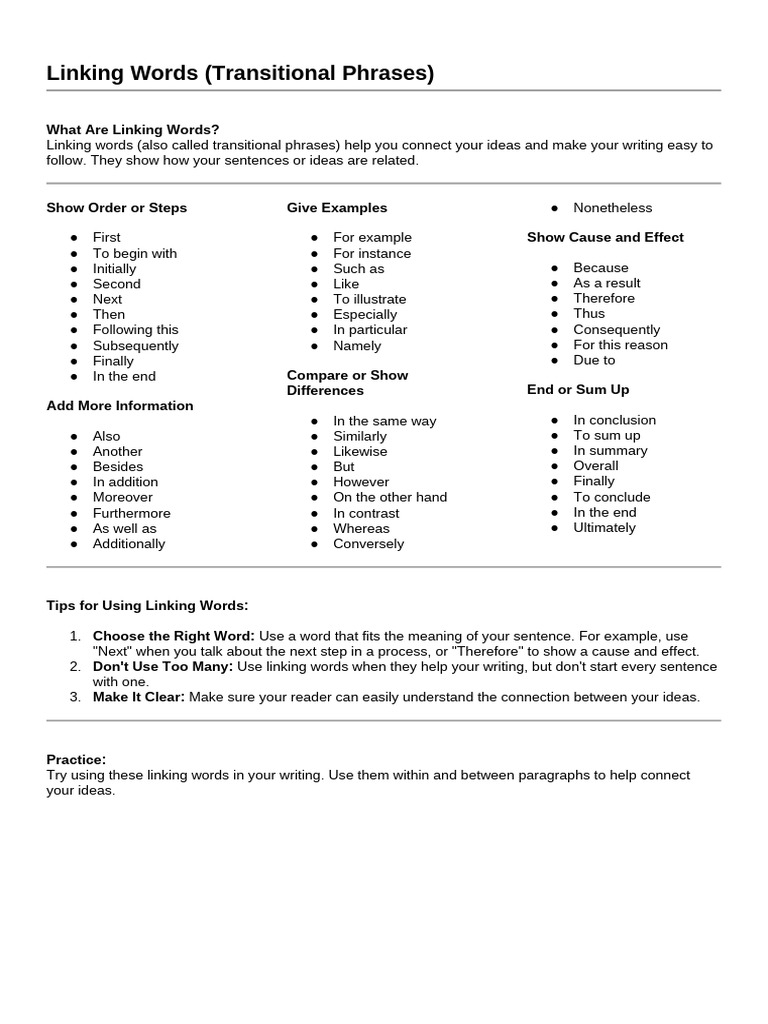 Linking Words (Transitional Phrases) | PDF | Linguistics | Grammar