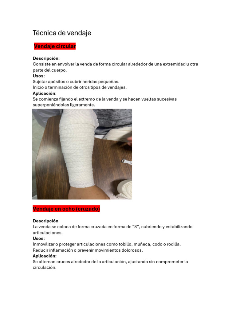 Técnicas de Vendaje: Circular, Ocho y Espiga | PDF