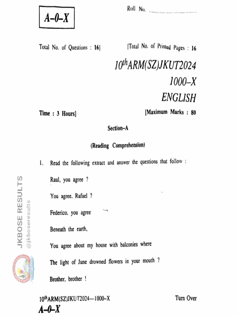 JKBOSE 10th Previous Year English Question Paper (AR 2024) | PDF