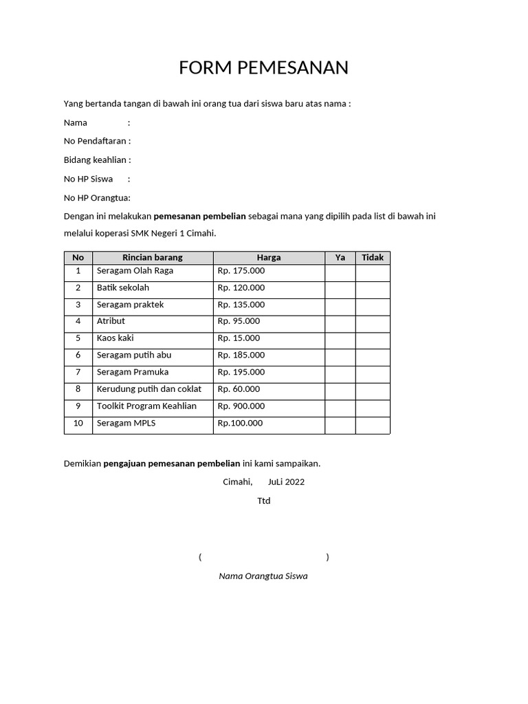 Form Pemesanan Ke Koperasi | PDF