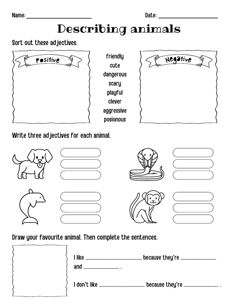 Black and white simple describing animals adjectives EFL worksheet | PDF