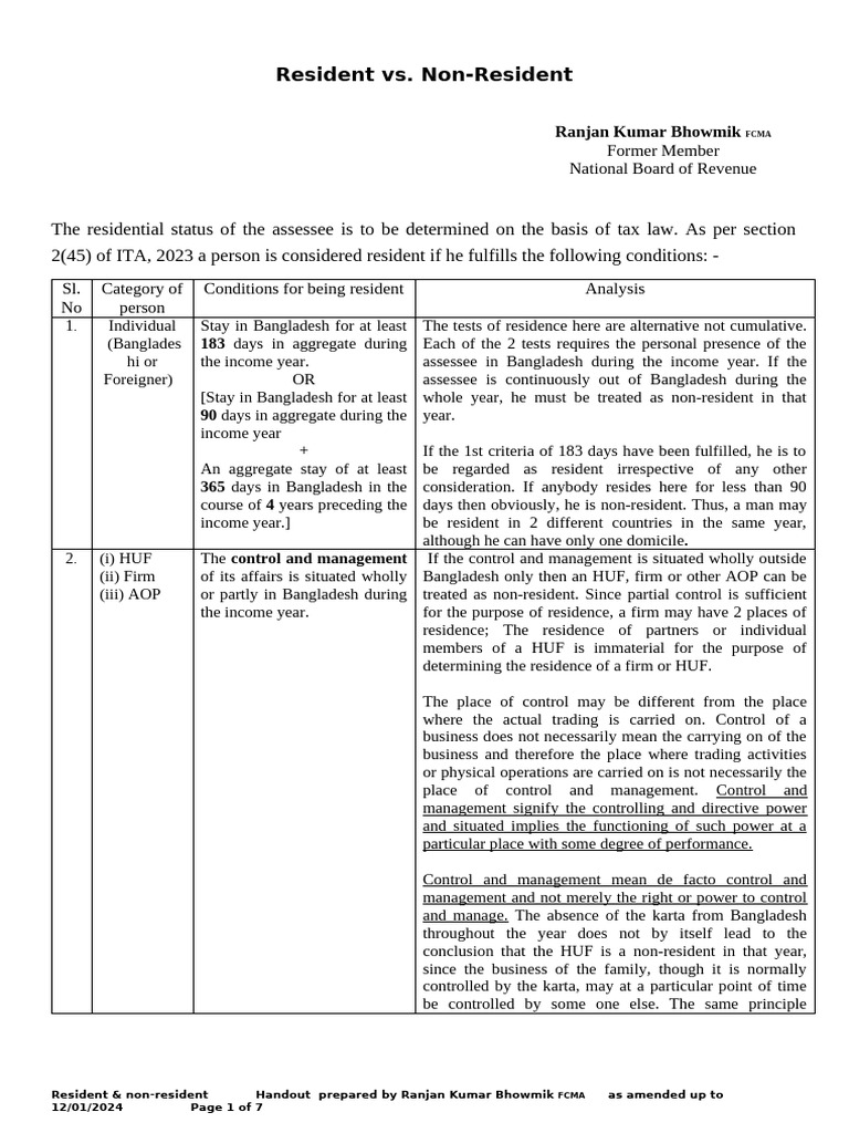 Tax Residency in Bangladesh Explained | PDF | Double Taxation | Tax Treaty