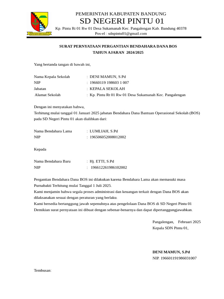 Surat Pernyataan Pergantian Bendahara Bos | PDF