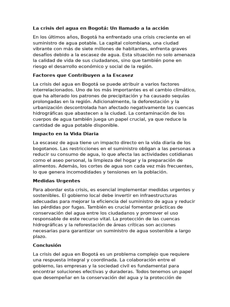 Crisis del agua en Bogotá: soluciones urgentes | PDF