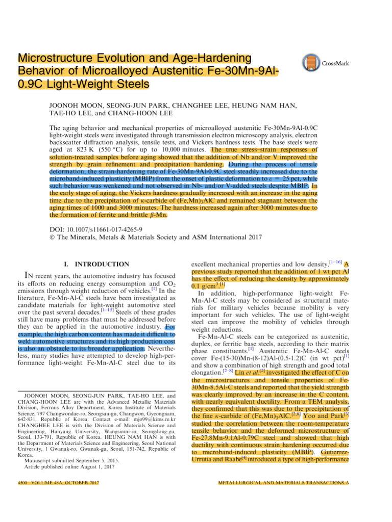 Microstructure Evolution and Age-Hardening Behavior of Microalloyed Austenitic Fe-30Mn-9Al - 0 ...