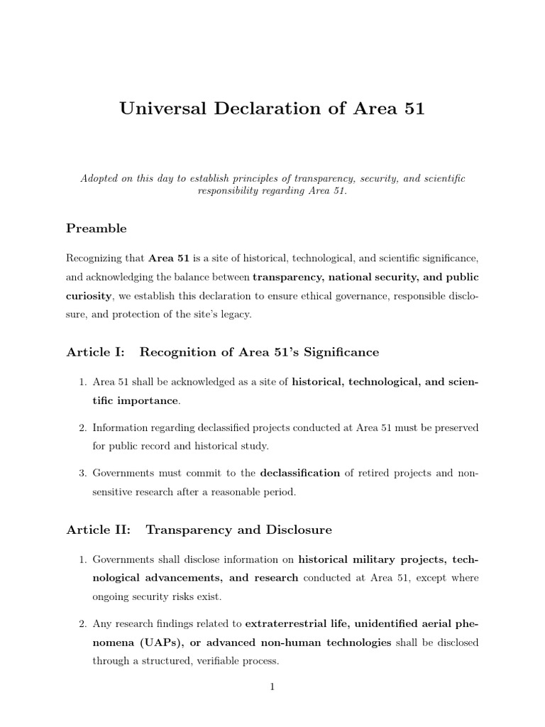 Universal Declaration of Area 51 | PDF | Transparency (Behavior) | Classified Information In The ...