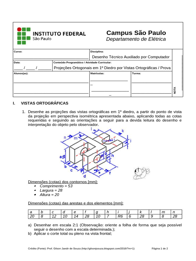 Prova - Projeção Ortogonal em 1º Diedro (Vistas Ortográficas) | PDF ...