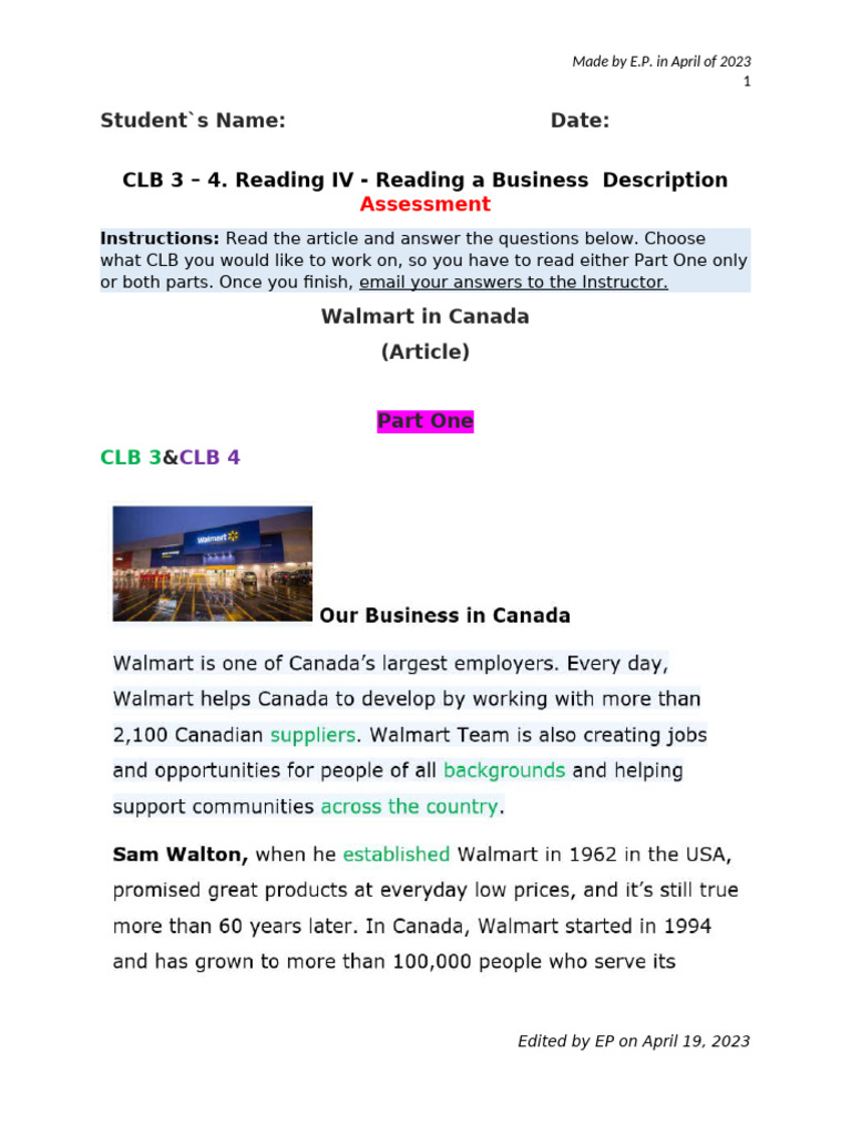 CLB 3 - 4. Reading IV Assessment | PDF | Walmart | Retail Companies