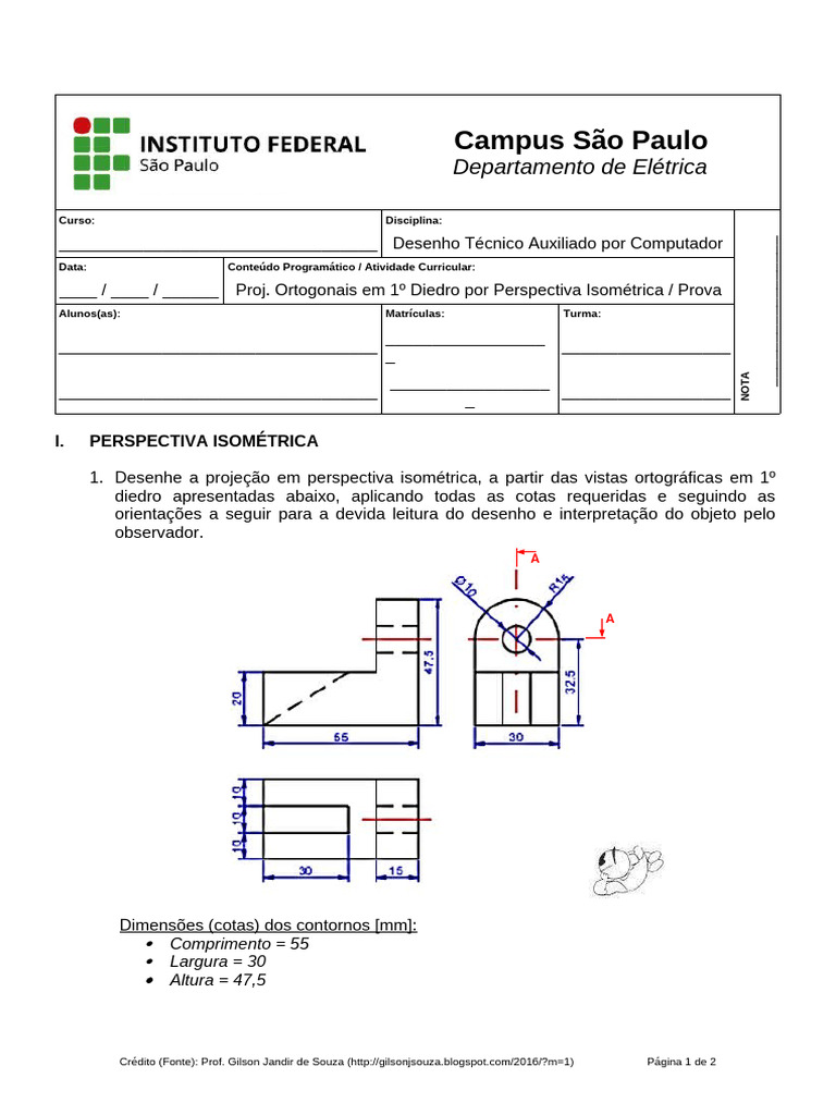 Prova - Projeção Ortogonal em 1º Diedro (Perspectiva Isométrica) | PDF ...