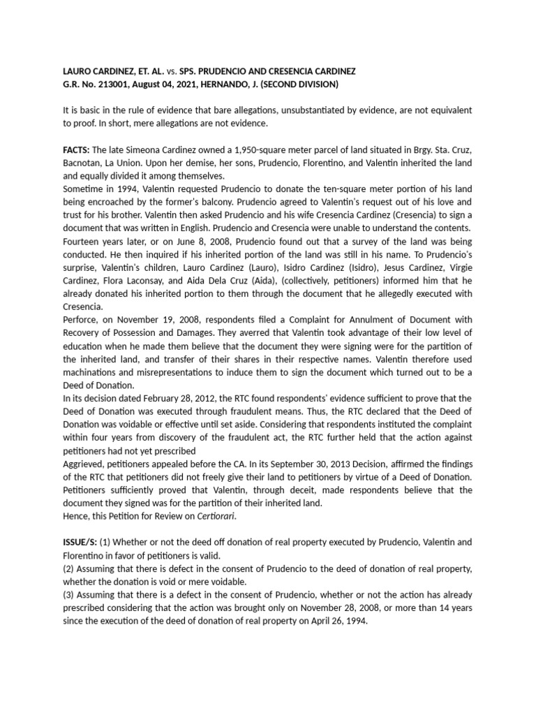 Cardinez vs. Sps. Cardinez - G.R. No. 213001 | PDF | Burden Of Proof ...