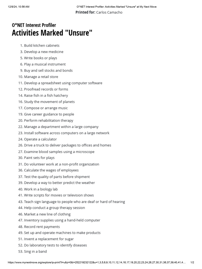 O - NET Interest Profiler - Activities Marked - Unsure - at My Next ...