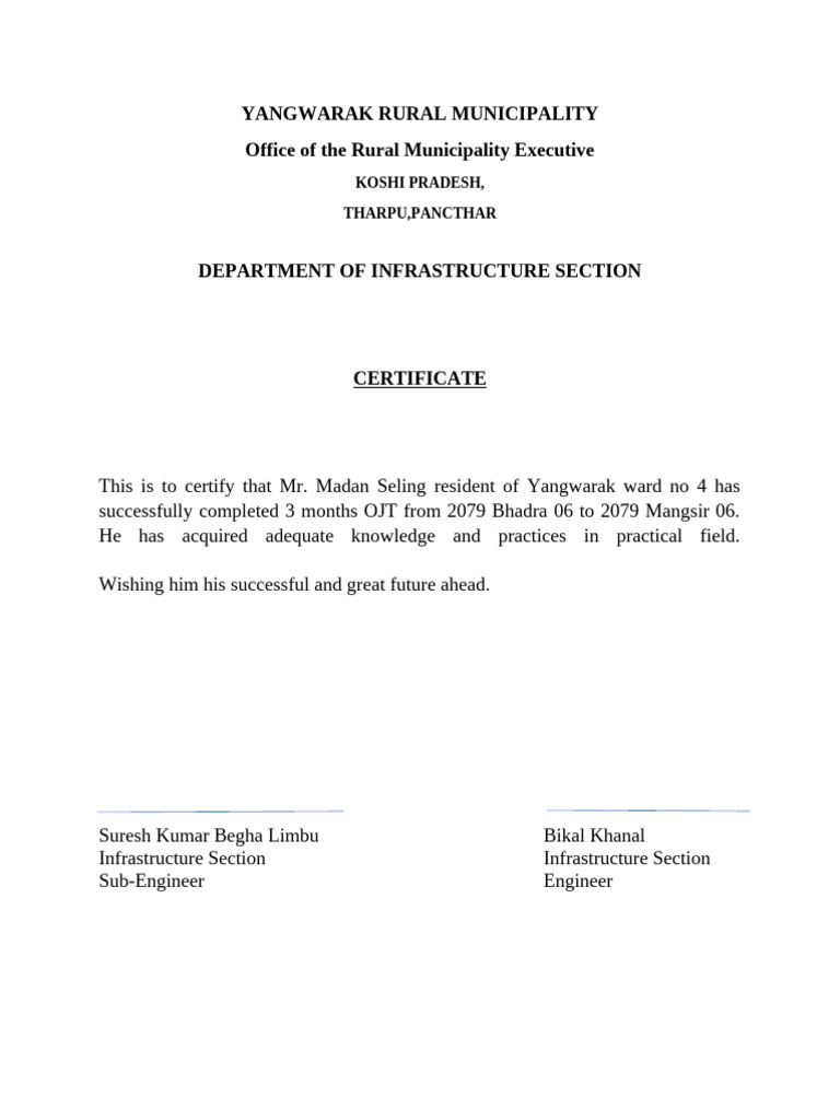 Yangwarak Rural Municipality Ojt | PDF