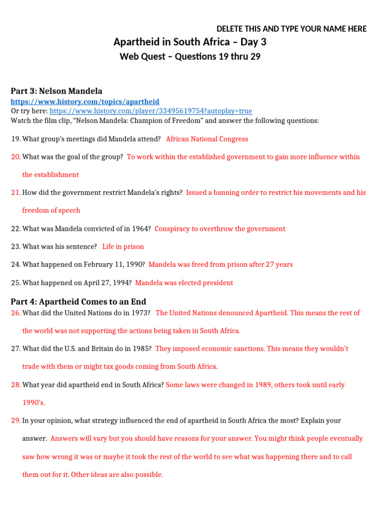 Apartheid Web Quest Day 3 Key | PDF