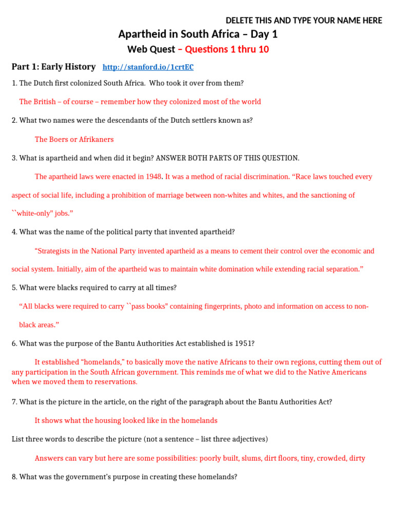 Apartheid Web Quest Day 1 Key | PDF | Apartheid | Black People