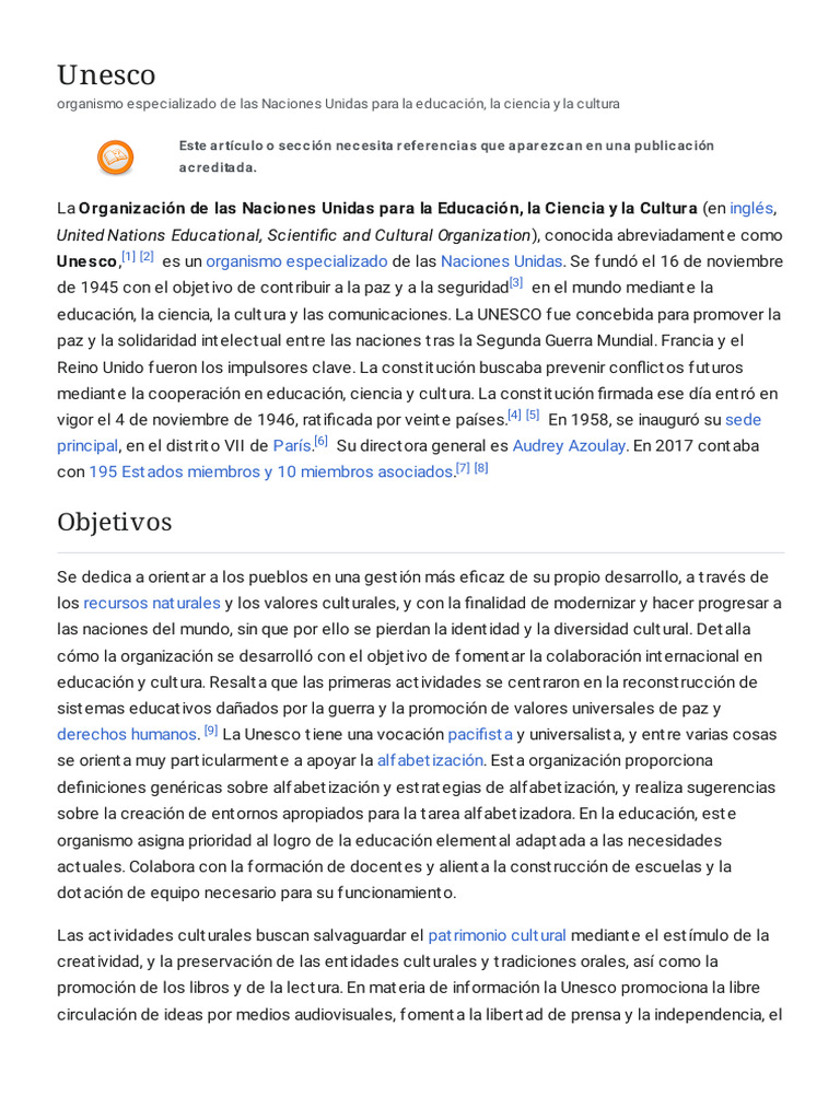 Unesco - Wikipedia, La Enciclopedia Libre | PDF | Unesco | Naciones Unidas