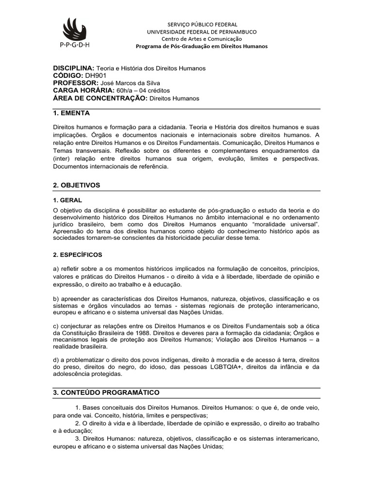 Ementa Teoria e História Dos DH | PDF | Direitos Humanos | Liberdade de expressão
