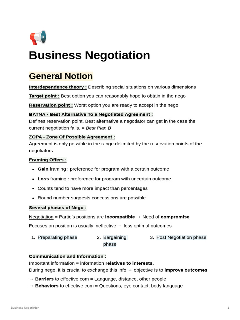 Fiche Business Negotiation | PDF | Negotiation | Emotions