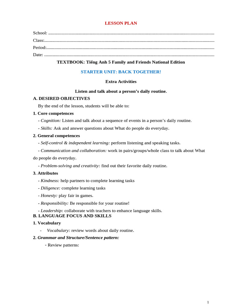 Lesson Plan - Grade 5 - Unit 1 - Extra Activities - P.23 | PDF ...