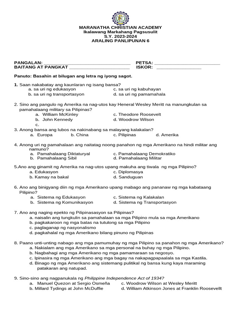 AP6 Exam 2nd Quarter 2022 2023 | PDF