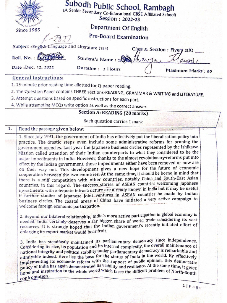 English Preboard | PDF