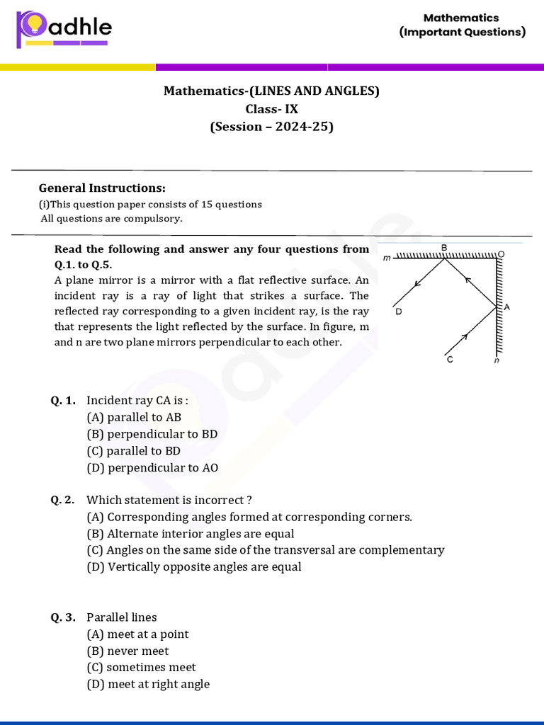 Chapter 6 - Lines and Angles-MIQ by Just Padhle | PDF | Angle ...