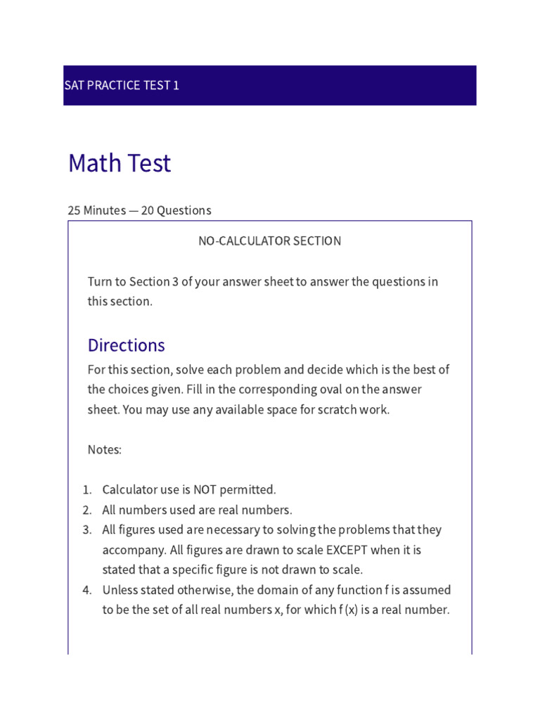 SAT No-Calculator Math Practice Test | PDF | Circle | Mathematics