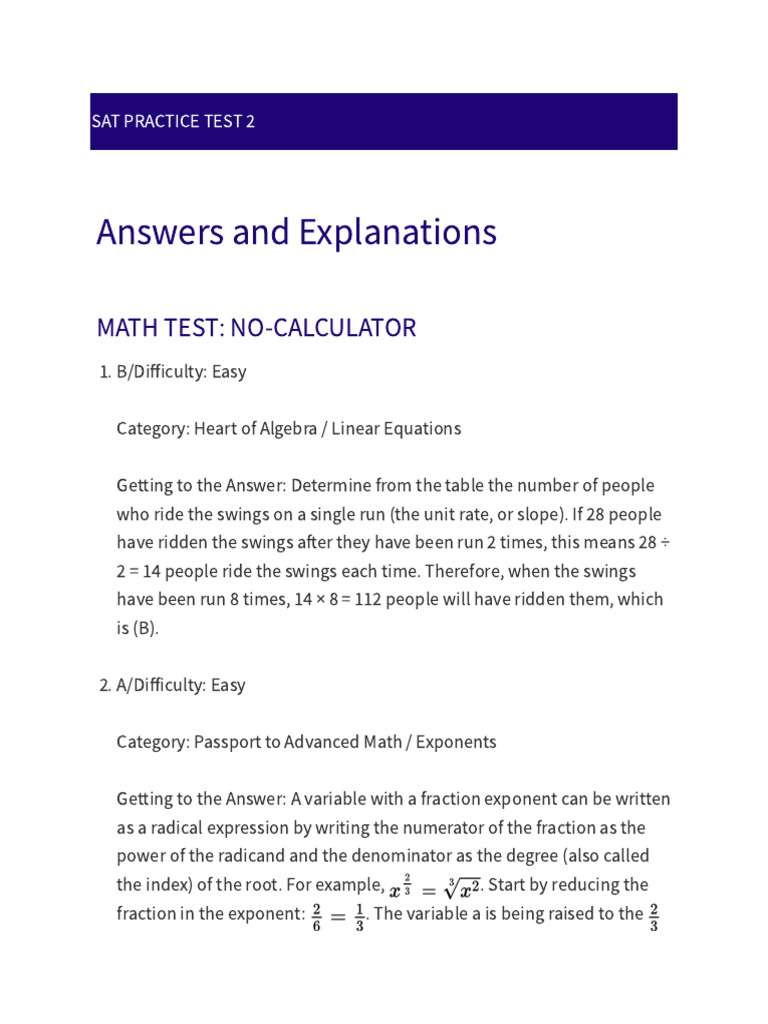 SAT 2 No Calculator Solutions | PDF | Equations | Quadratic Equation