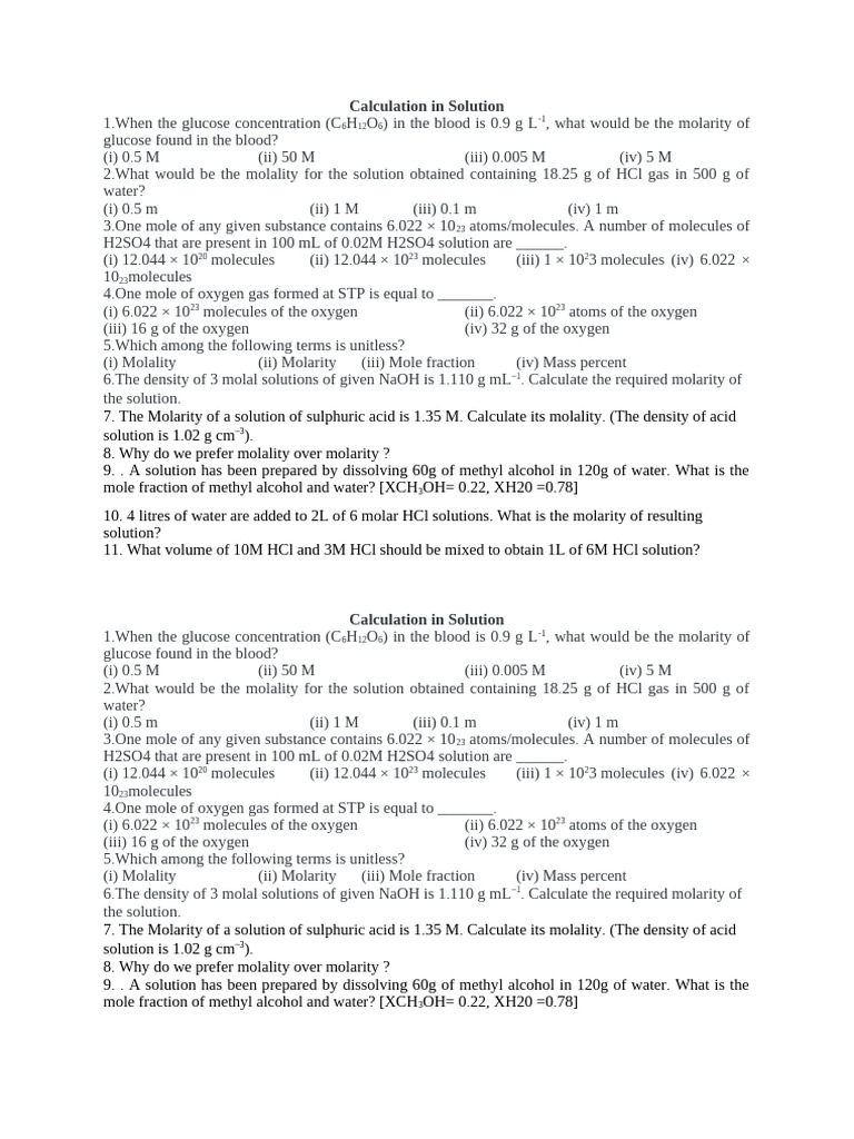 Calculation in Solution | PDF | Molar Concentration | Mole (Unit)