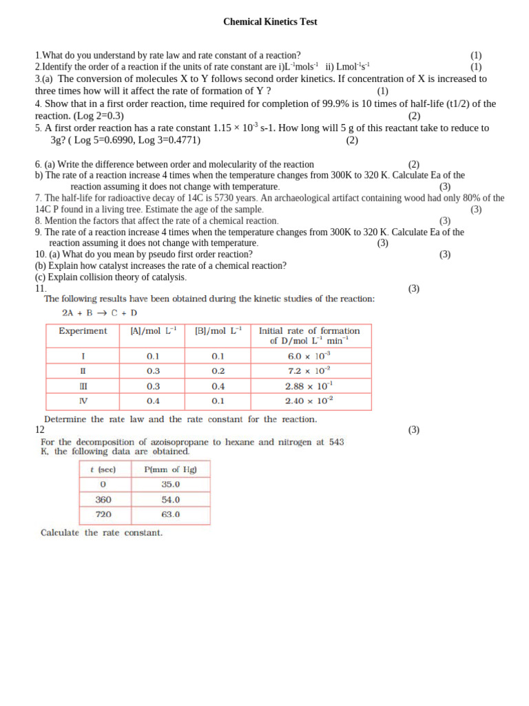 Chemical Kinetics Test 1 | PDF
