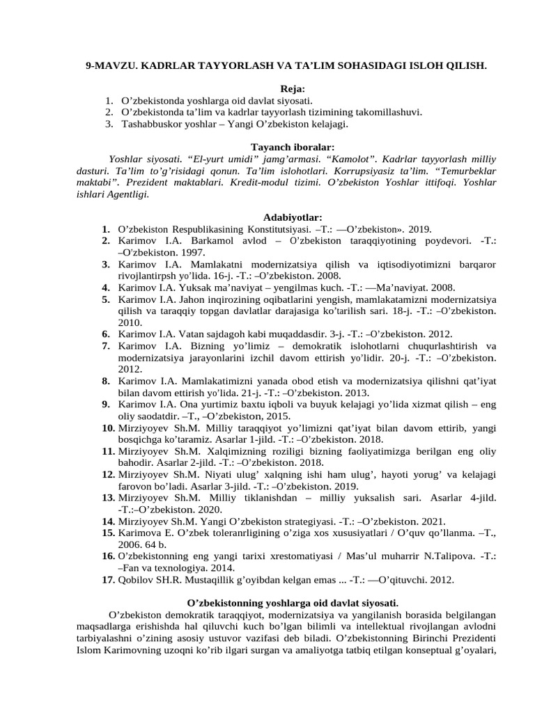 9-MAVZU. KADRLAR TAYYORLASH VA TA’LIM SOHASIDAGI ISLOH QILISH | PDF