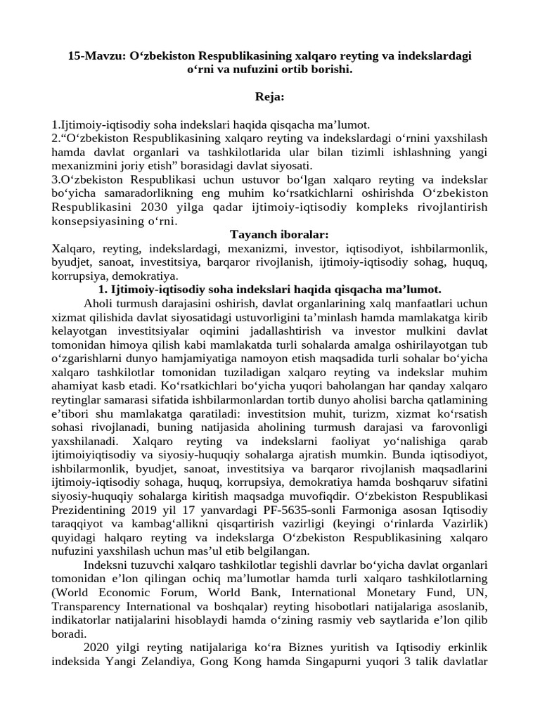 15-Mavzu - O Zbekiston Respublikasining Xalqaro Reyting Va Indeks | PDF