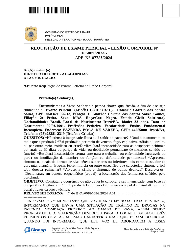 Requisicao de Exame Pericial Lesao Corporal 18885156677613546 | PDF ...