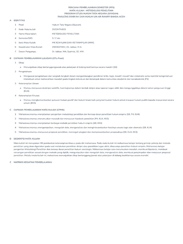 RPS Metodologi Penelitian | PDF