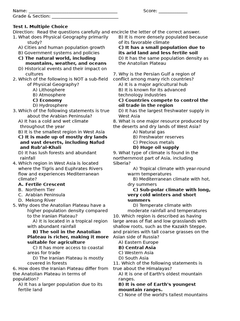 Lesson 2 Quiz - Physical Feature of Asia | PDF | River | Himalayas