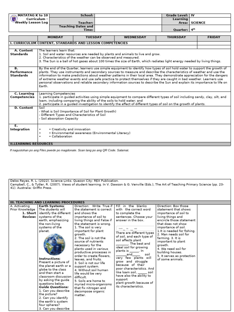 DLL_SCIENCE-4_Q4-W1-1 | PDF | Soil | Agriculture