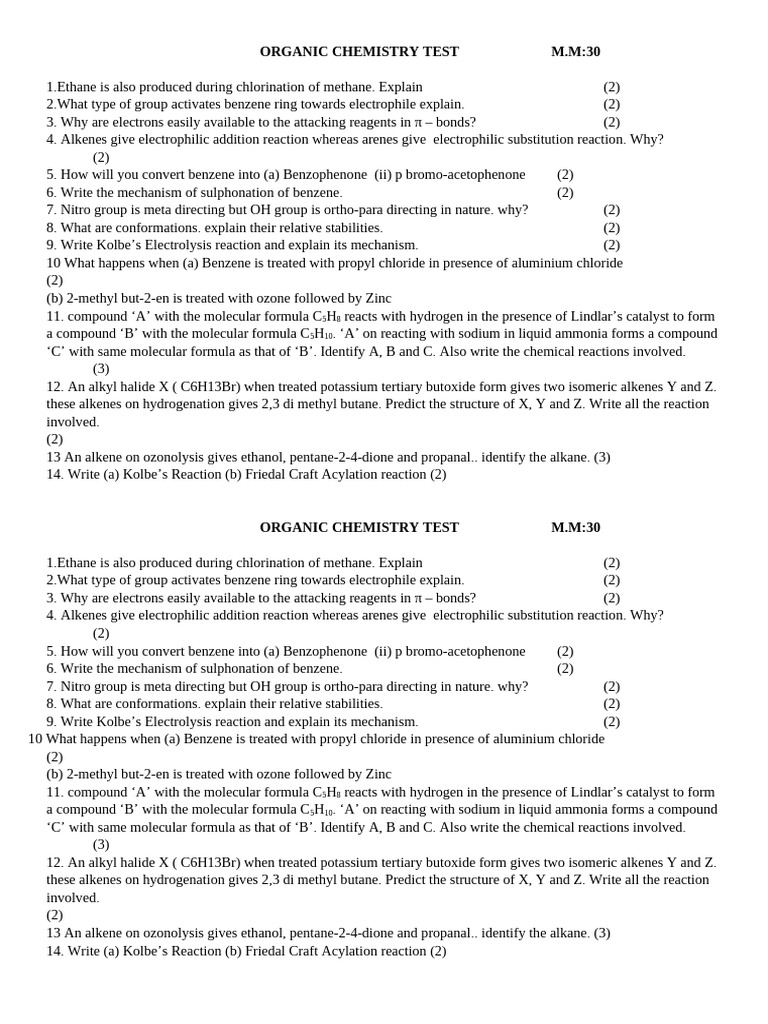 Organic Chemistry Test M | PDF | Chemical Reactions | Alkene