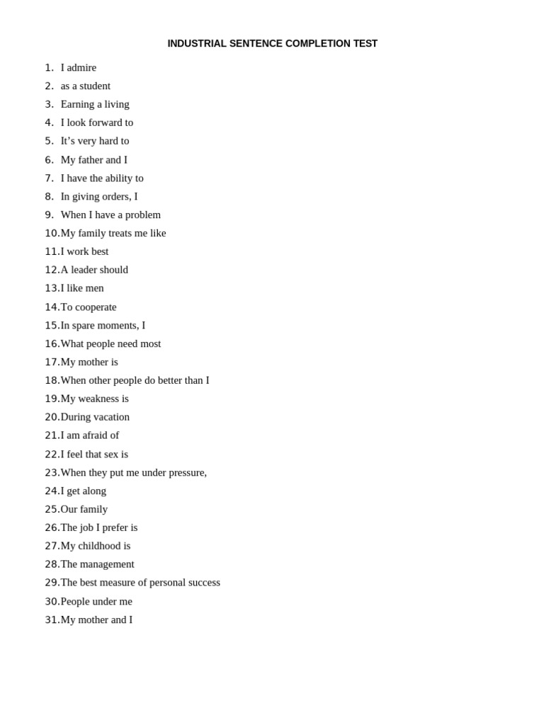Industrial Sentence Completion Test | PDF