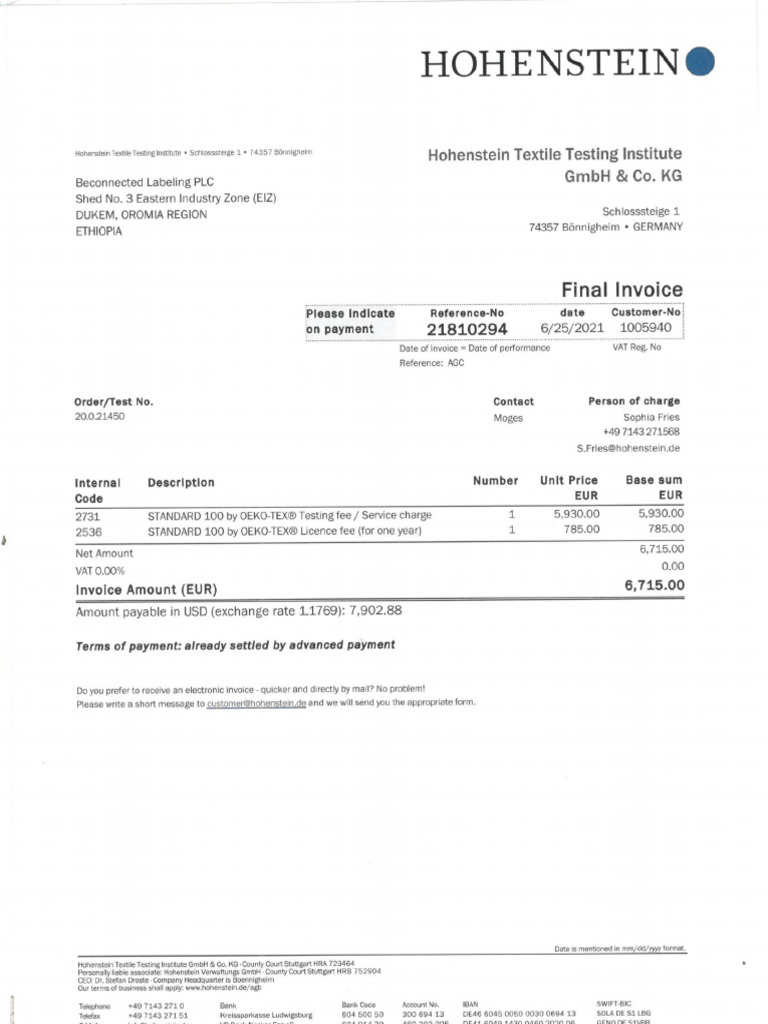 Hohenstein Textile Testing Final Invoice 2021 | PDF