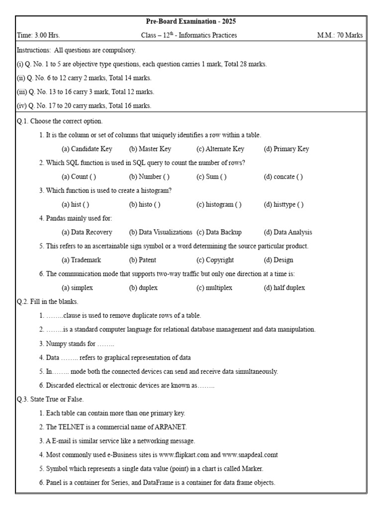 Pre Board Paper 2025 | PDF | Databases | Computing