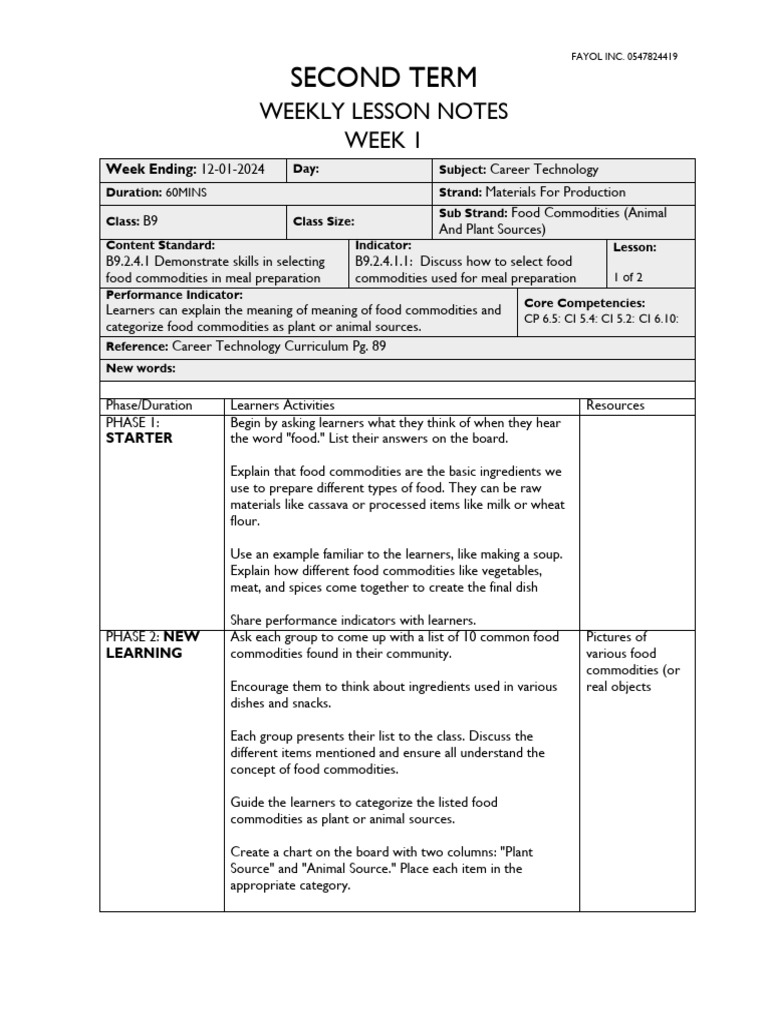 Career Technology Lesson Notes: Food Commodities | PDF | Seam (Sewing ...