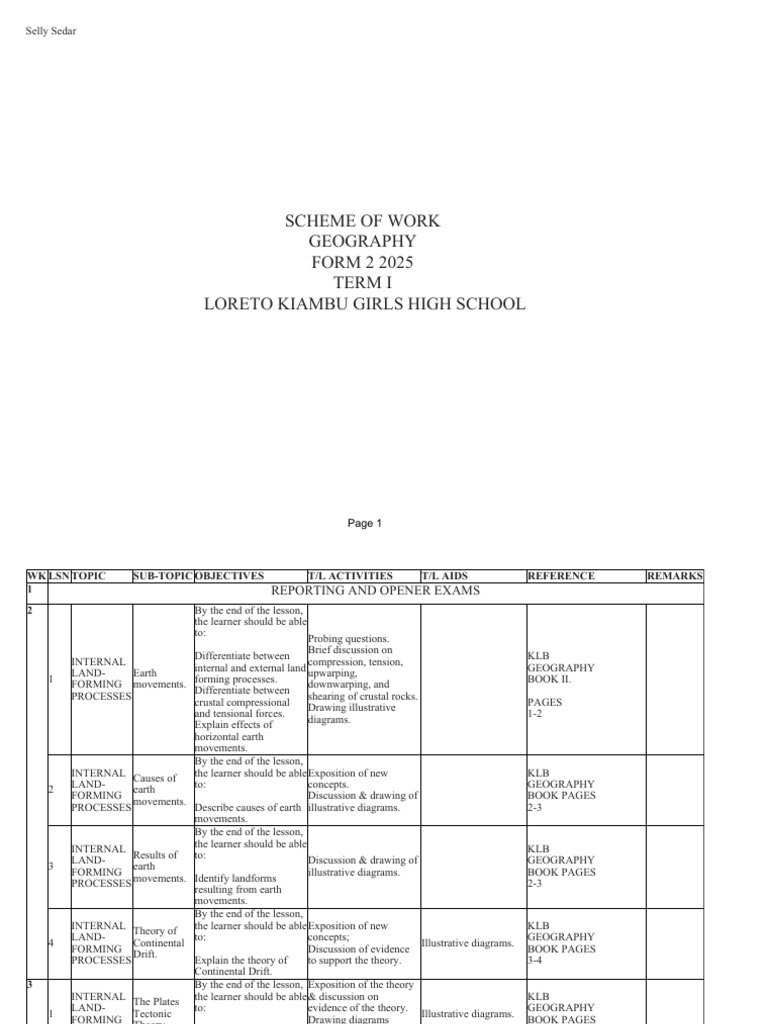 Geography - Form 2 - Scheme Term-I | PDF | Earthquakes | Geology