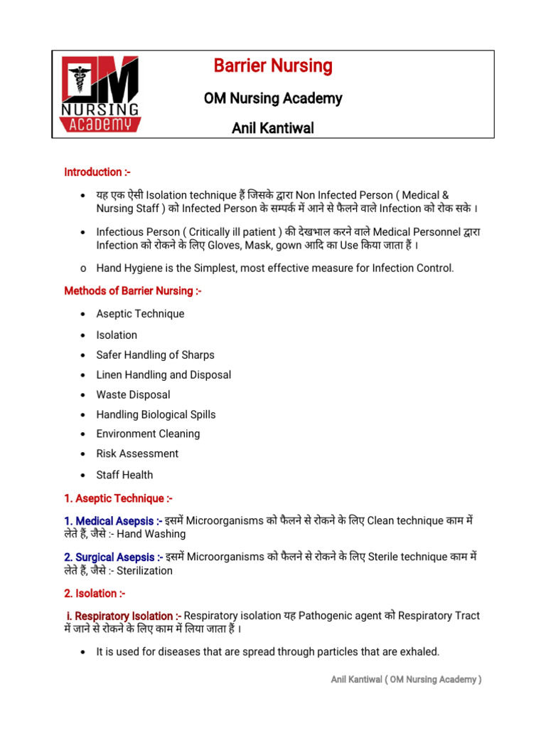 Barrier Nursing Techniques Guide | PDF | Health Care | Diseases And ...