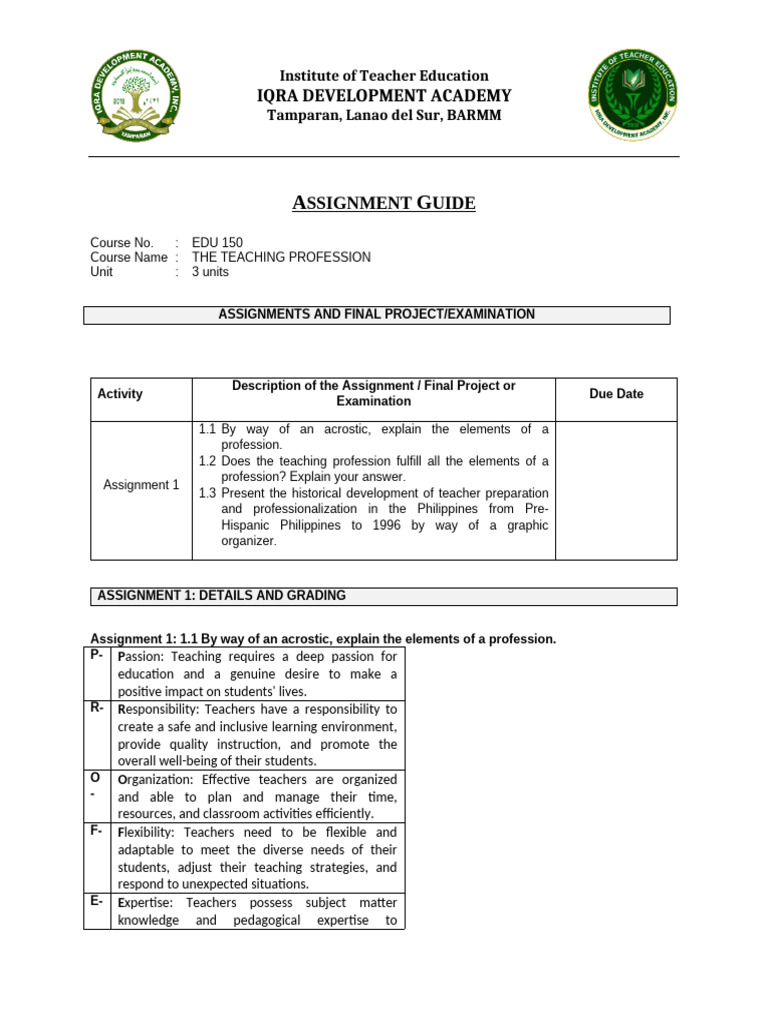Teaching Profession Assignment Guide | PDF | Teachers | Reflective Practice