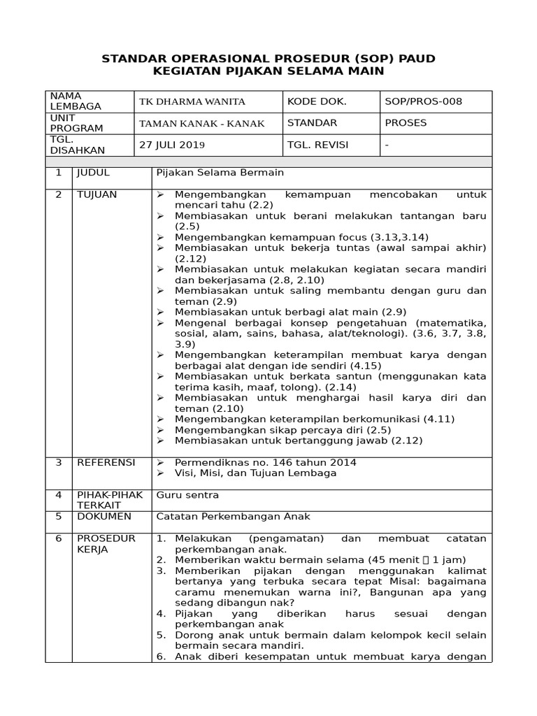 8 Sop Paud Kegiatan Pijakan Selama Main TK DW | PDF