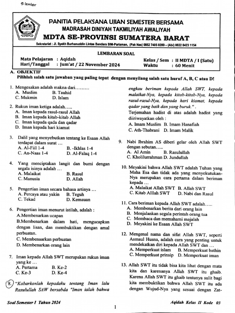 SOAL Akidah Kelas 2 MDTA | PDF