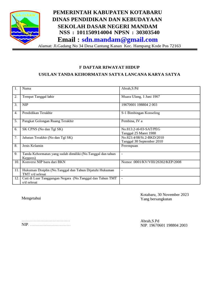 riwayat hidup satya lencana | PDF